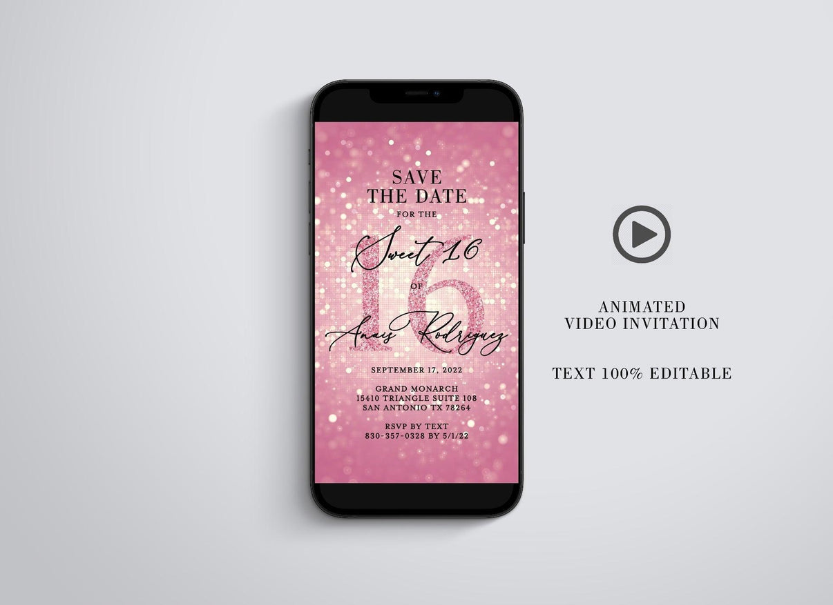 Sweet 16 animated Blush Glitter Birthday Invitation, Video 16th ...