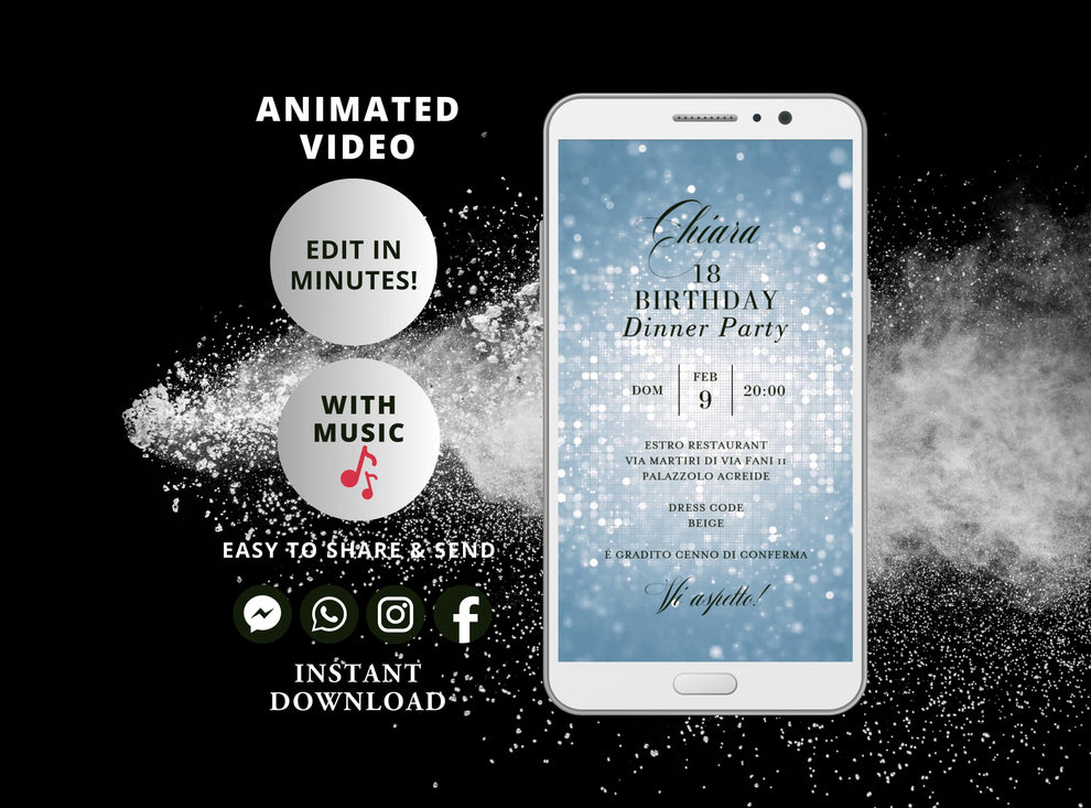 Powder blue Electronic Birthday Invitation Template, Digital Birthday ...
